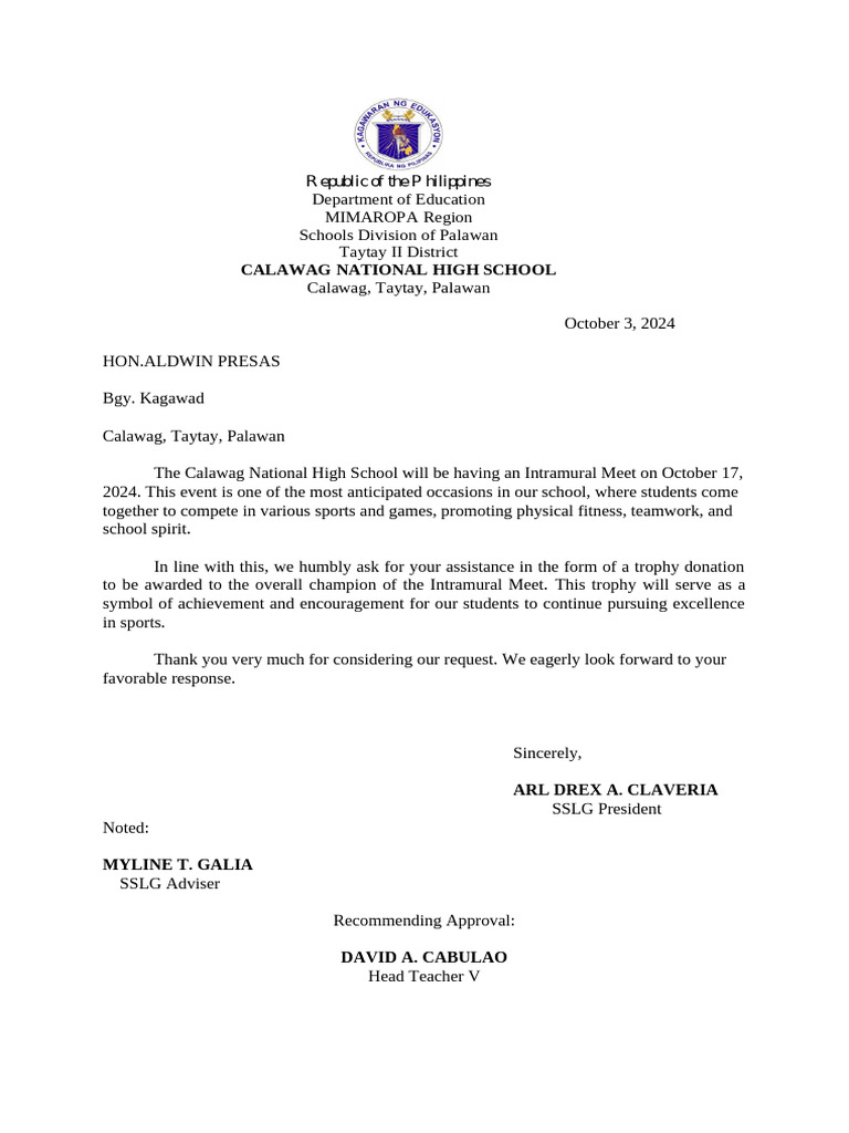 Request For Trophy On Intrams | PDF