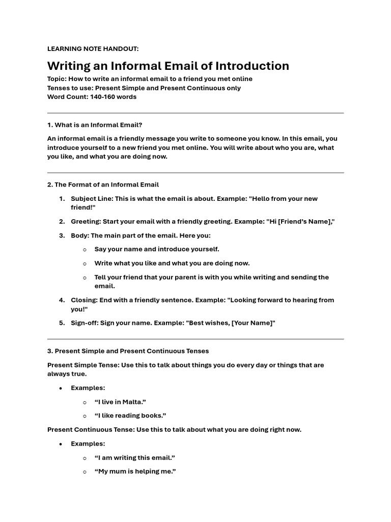 LEARNING NOTE HANDOUT Writing An Email To A Friend | PDF | Grammatical ...