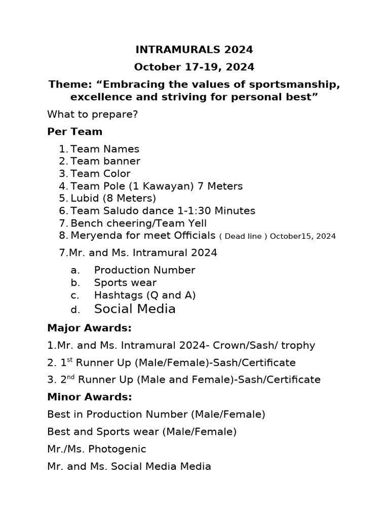 INTRAMURALS Materials Needed 2024 | PDF