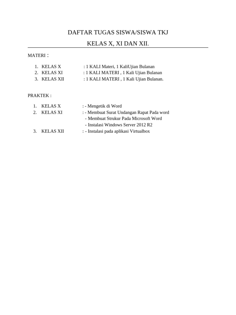Daftar Tugas Siswa TKJ Smks Terpadu Ismailiyah | PDF