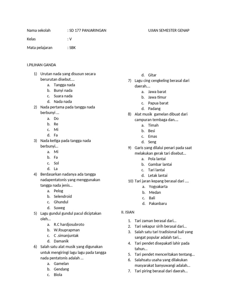 Soal SBK Kelas 5 Sem 2 | PDF