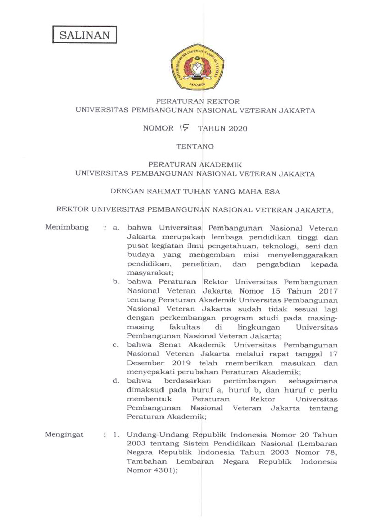 Salinan Peraturan Rektor Nomor 15 Tahun 2020, Tentang Peraturan Akademik | PDF
