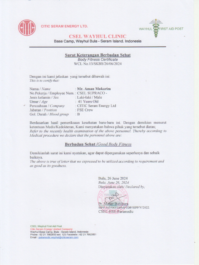 Surat Sehat Training H2S CEPU | PDF