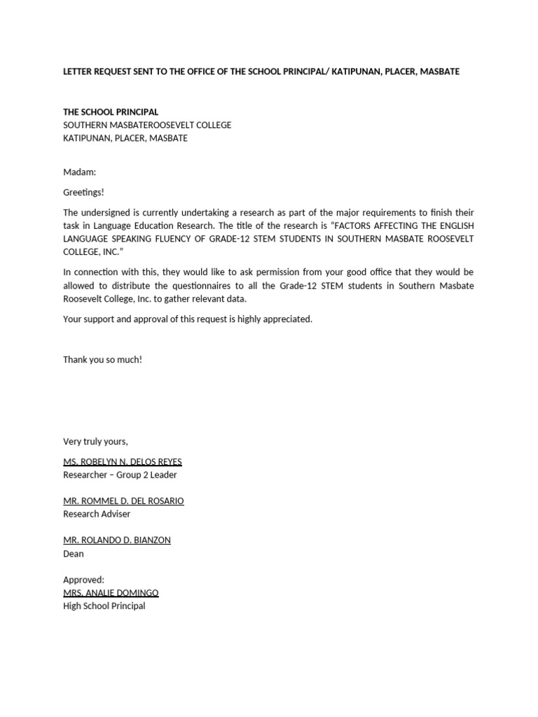 Request Sent To The Office of The School Principal | PDF
