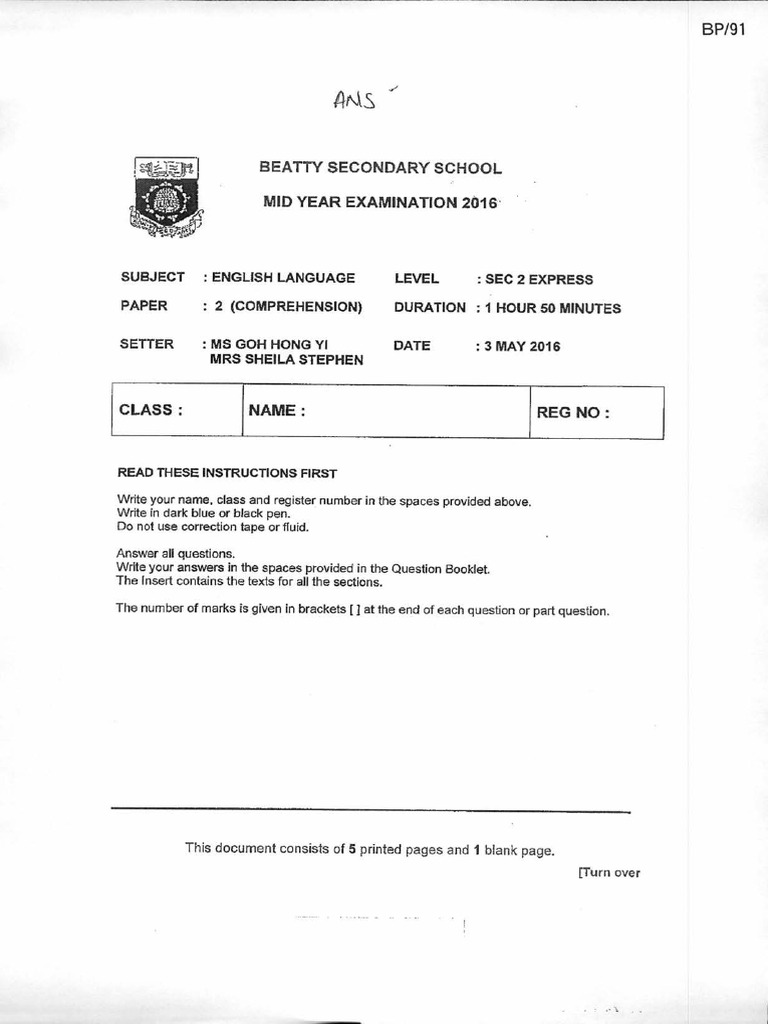 2016 Sec 2 Express English SA1 Beatty Secondary Paper 2 ANSWER KEY | PDF