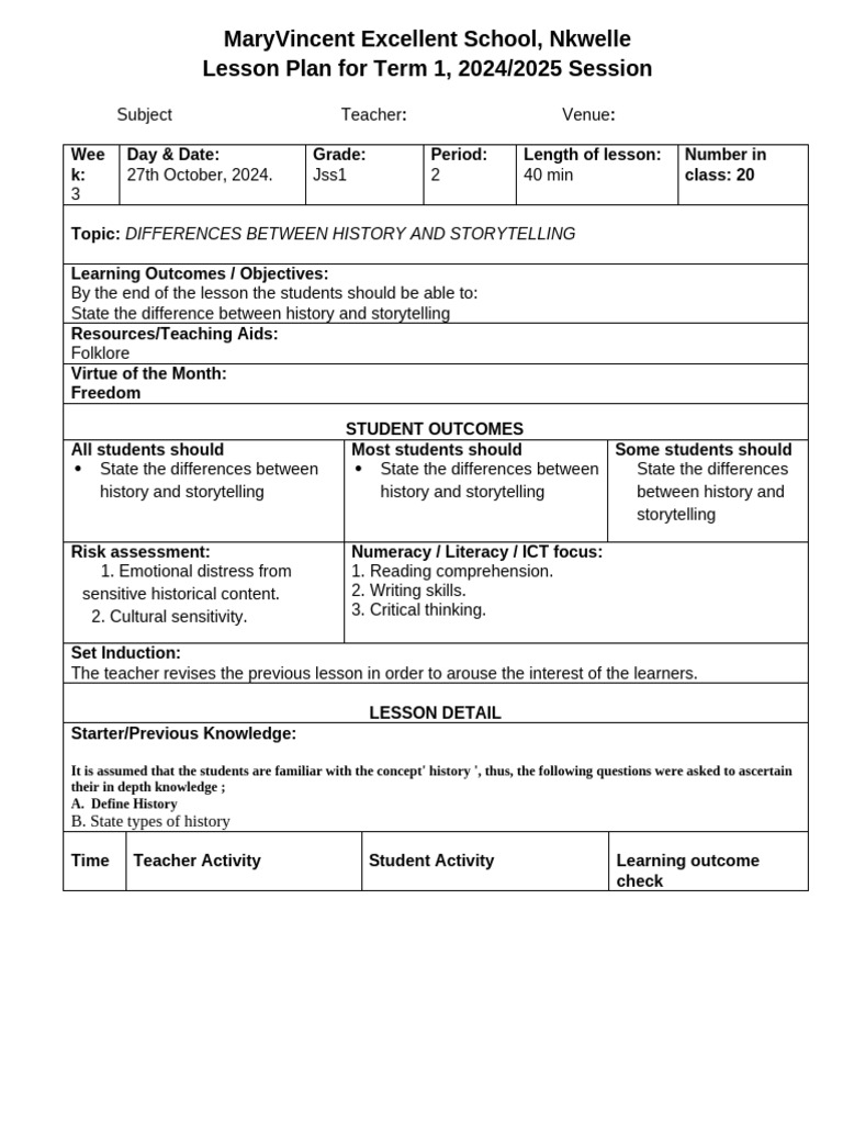 History Jss1 Lesson Plan Week 3 | PDF