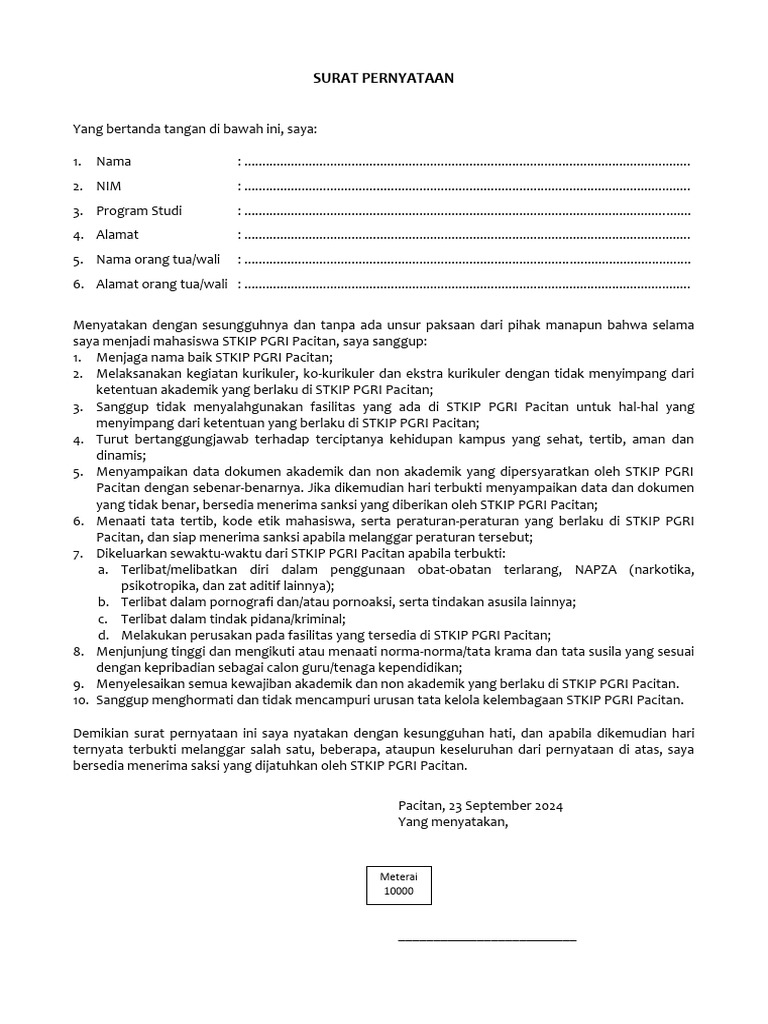 Surat Pernyataan Maba 2024 | PDF