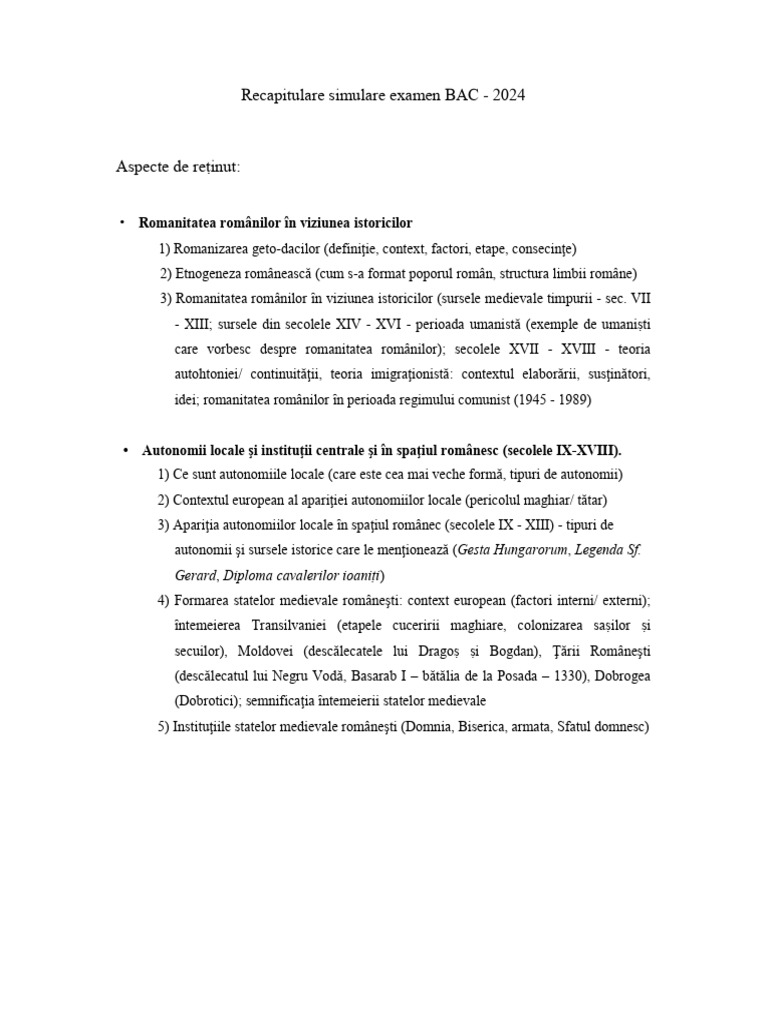 Tematica Detaliata BAC ISTORIE 2024 | PDF