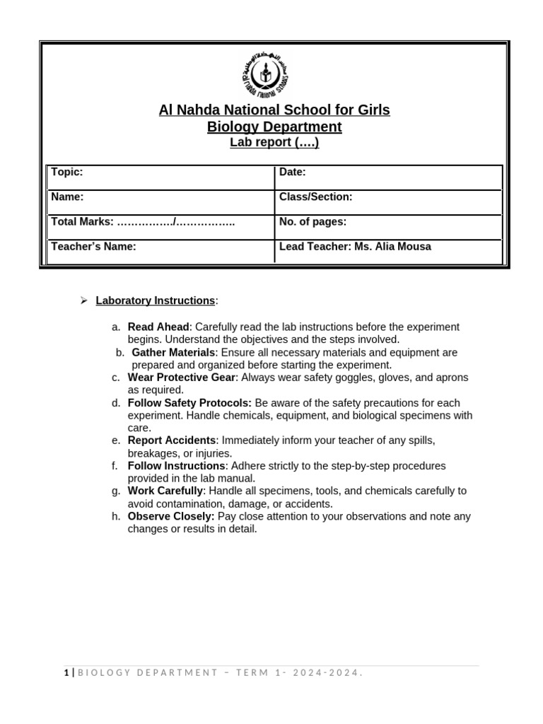 Biology Lab Report - Cover Page | PDF
