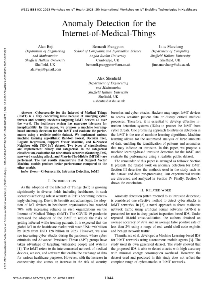 Anomaly Detection For The Internet-of-Medical-Things | PDF