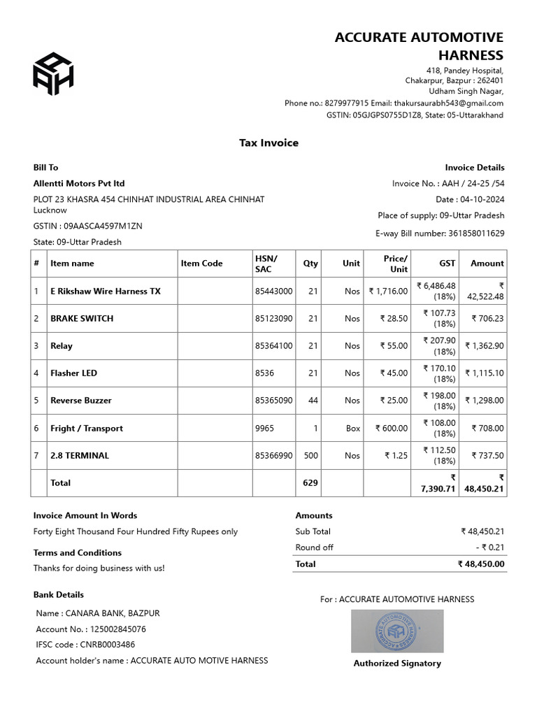 Tax Invoice - AAH 24-25 54 - 04 - 10 - 24 | PDF