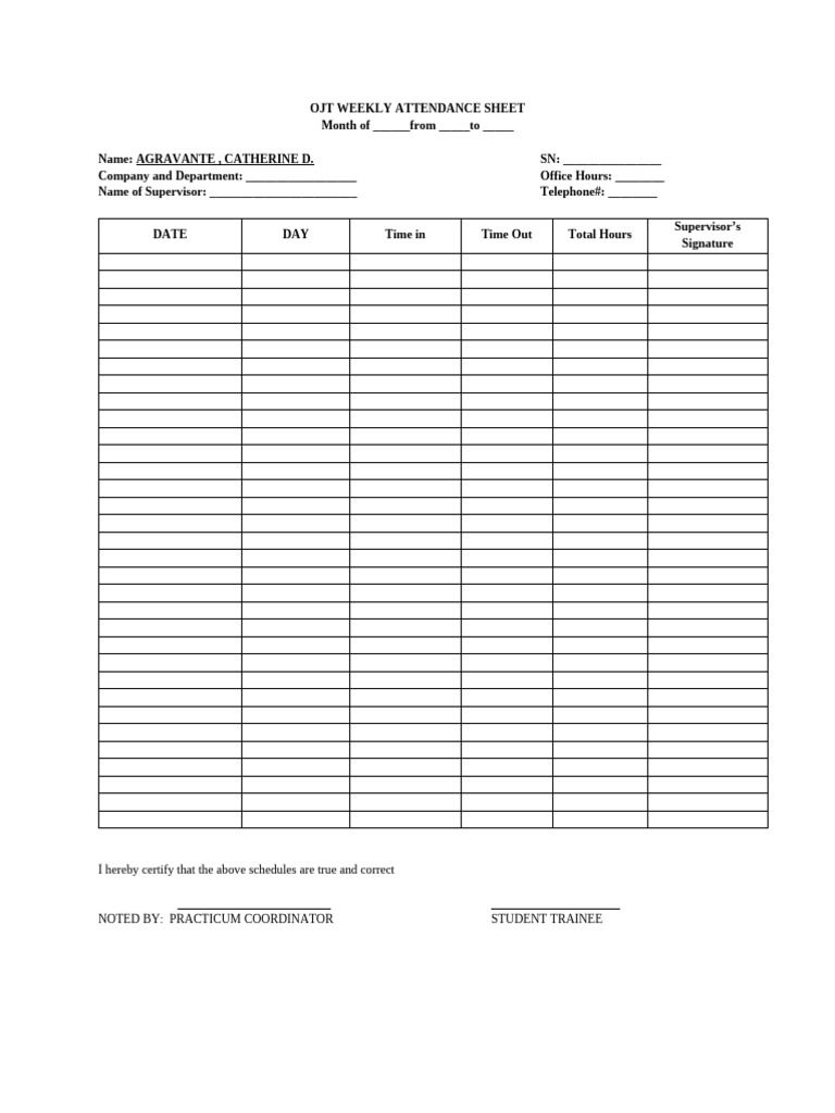Ojt Weekly Attendance Sheet | PDF