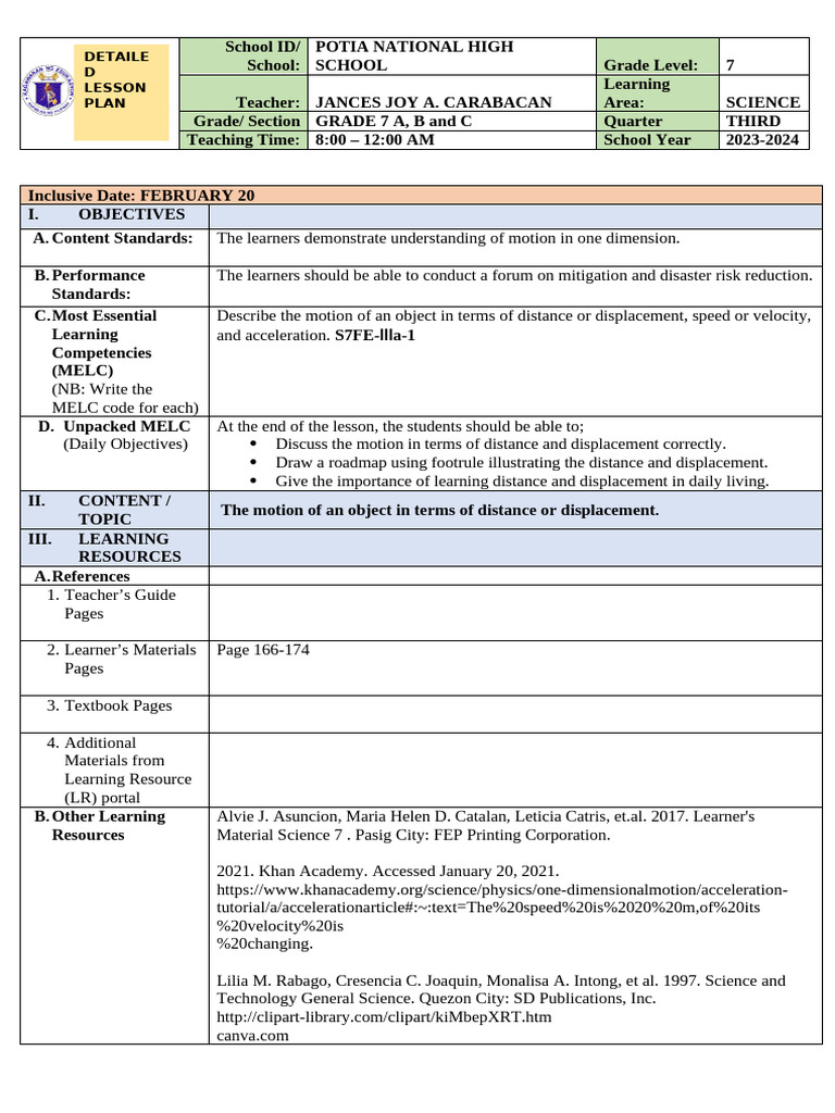 LP 3 GRADE 7 DISTANCE AND DISPLACEMENT - continuation..Copy | PDF