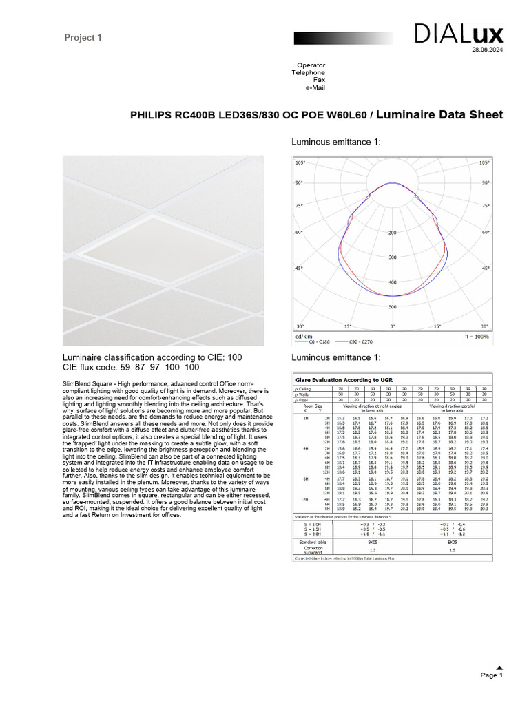 PHILIPS RC400B LED36S/830 OC POE W60L60 /: Luminaire Data Sheet | PDF