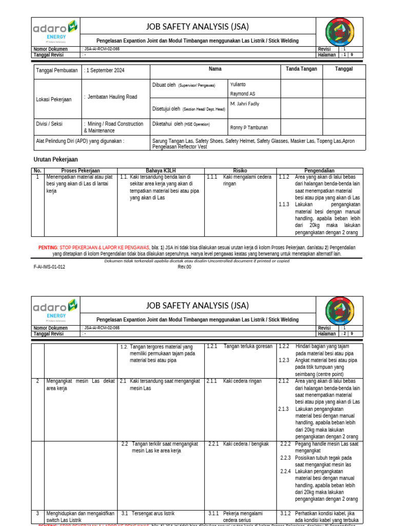 JSA-AI-RCM-02-064 Pengelasan Expantion Joint Dan Modul Menggunakan Las Listrik Atau Stick ...