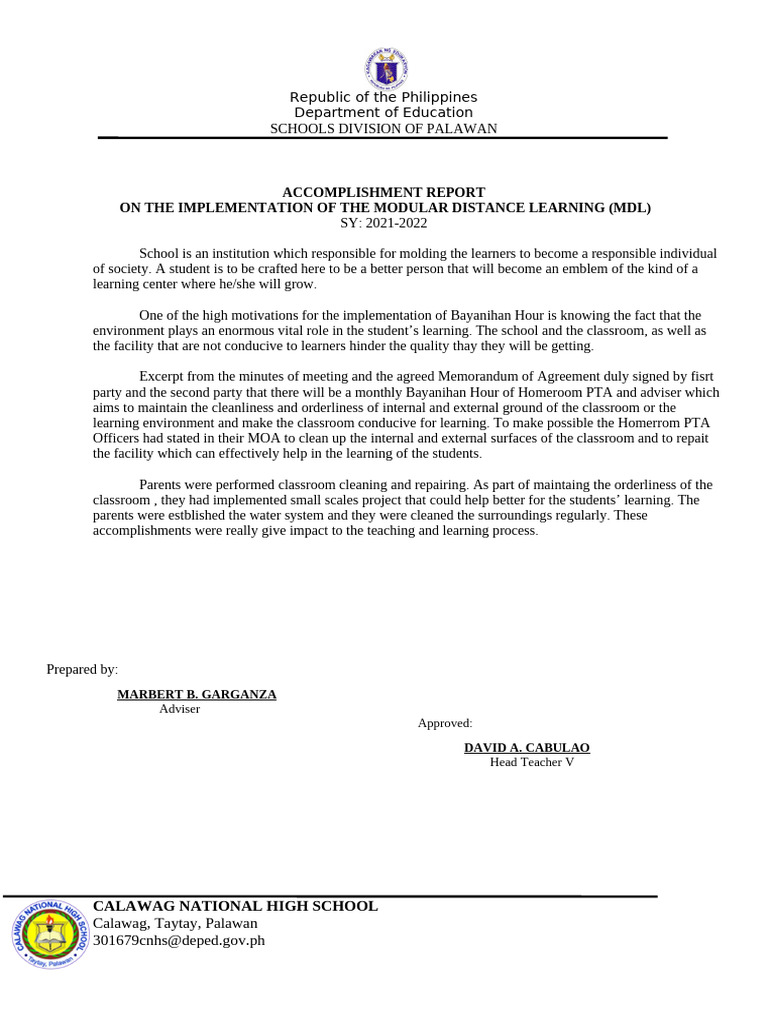 Accomplishment Report On School PPAs 2021-2022 | PDF