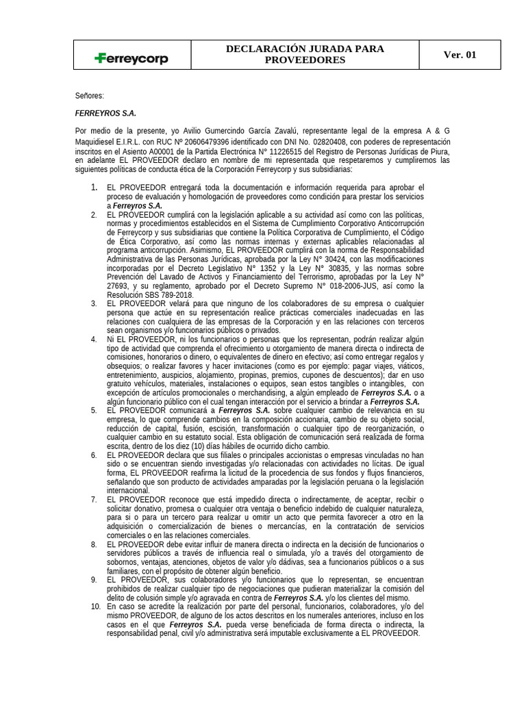 Declaracion jurada proveedores - 2022 (1) | PDF