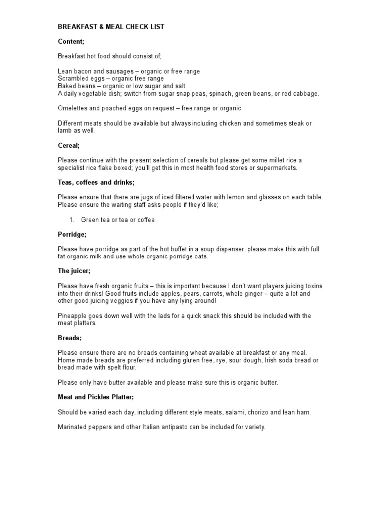 Breakfast Check List | PDF