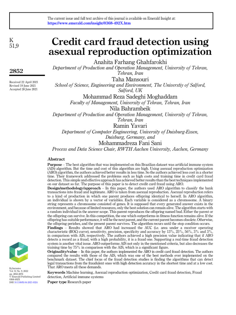 Credit card fraud detection using asexual reproduction optimization | PDF