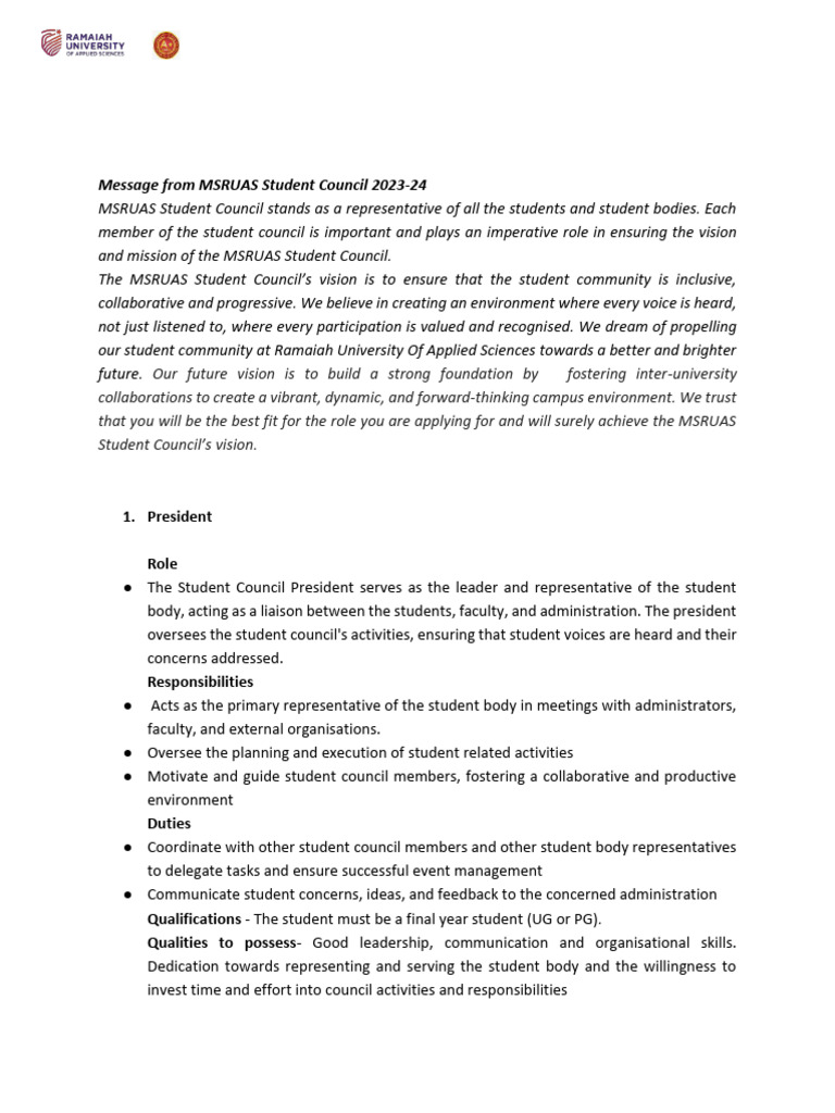 MSRUAS Student Council 2024-2025 Roles & Responsibilities | PDF