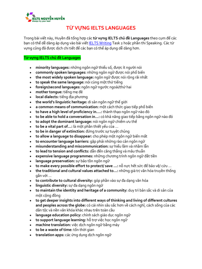 Tu Vung Ielts Languages Ielts Nguyenhuyen Đã G P | PDF