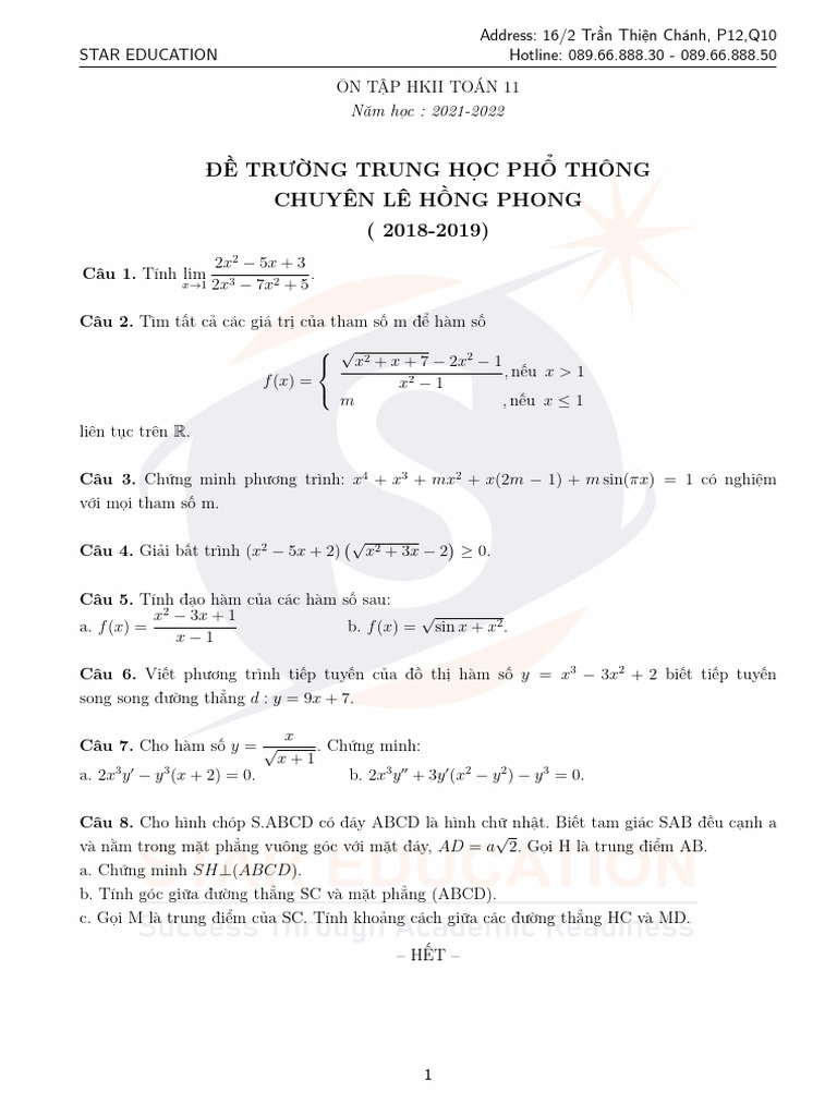 11 Toán HK2 Đề thi HK2 Trường THPT Chuyên Lê Hồng Phong 18 19 Lê Nguyễn Uyên Phương | PDF
