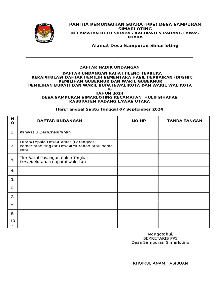 01 Draft Daftar Hadir PPS - PPK - DPSHP | PDF