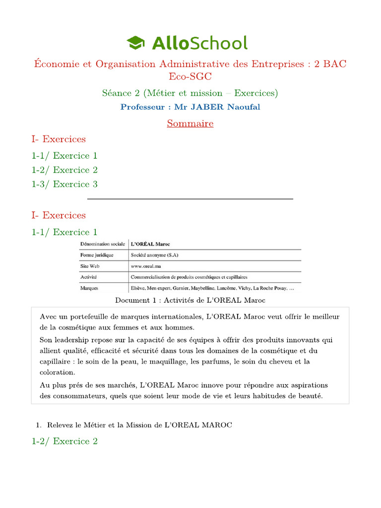 Seance 2 Metier Et Mission Exercices | PDF