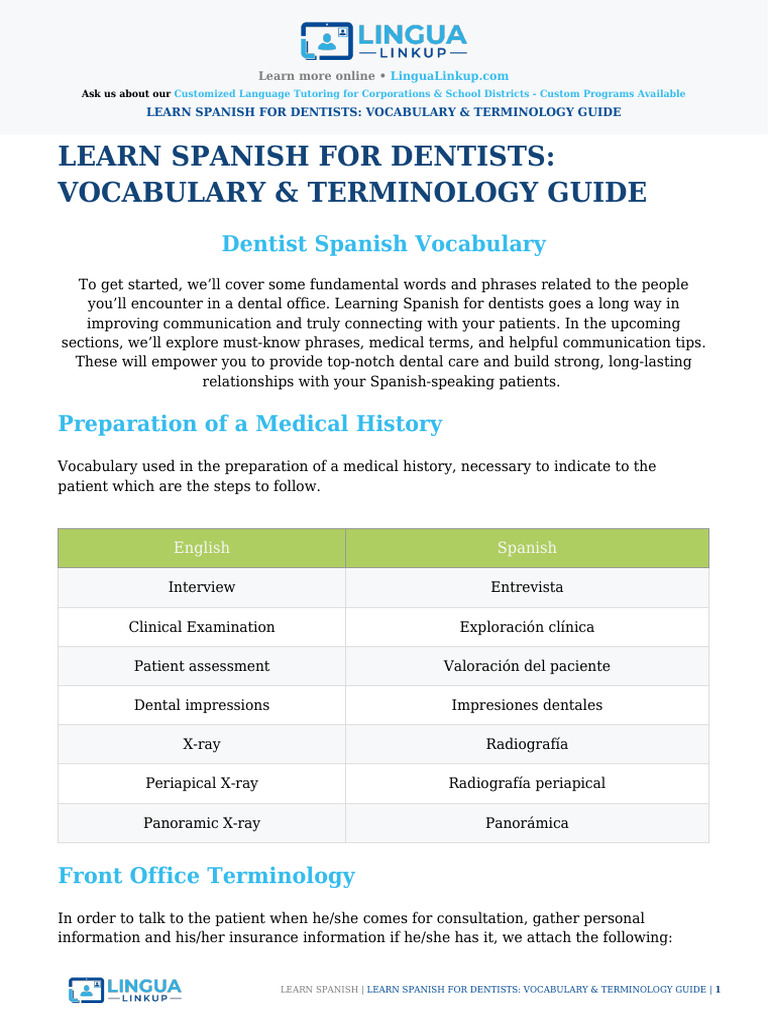 Learn Spanish for Dentists_ Vocabulary & Terminology Guide | PDF