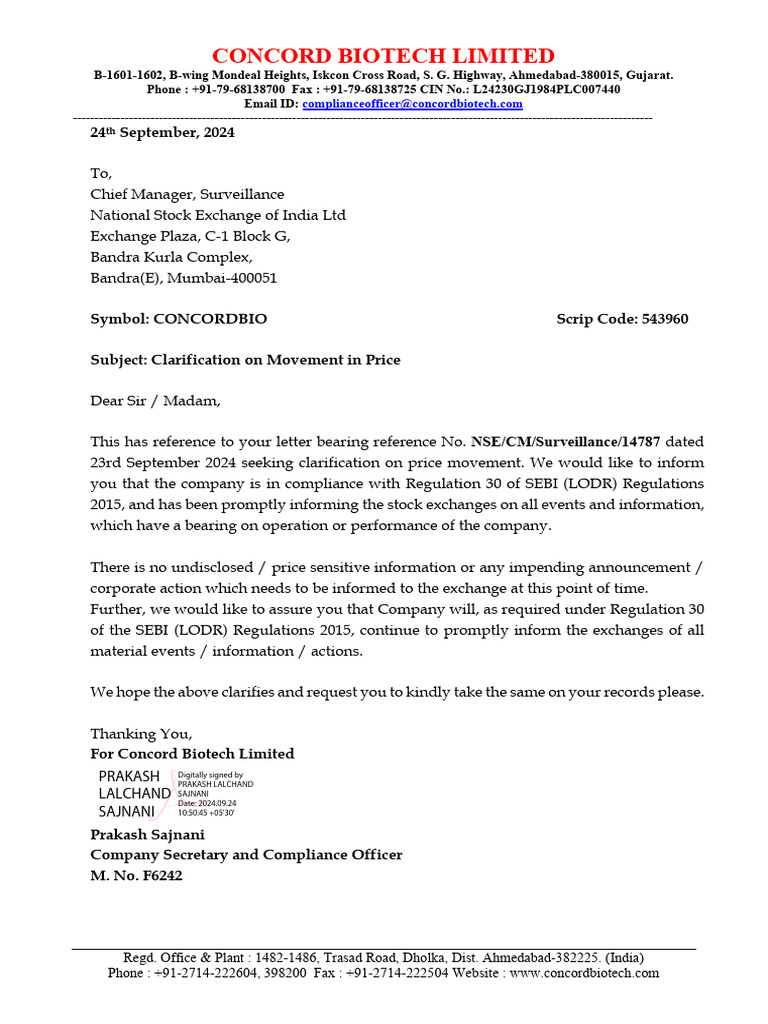 CONCORDBIO 24092024105433 Clarificationletter CBL | PDF