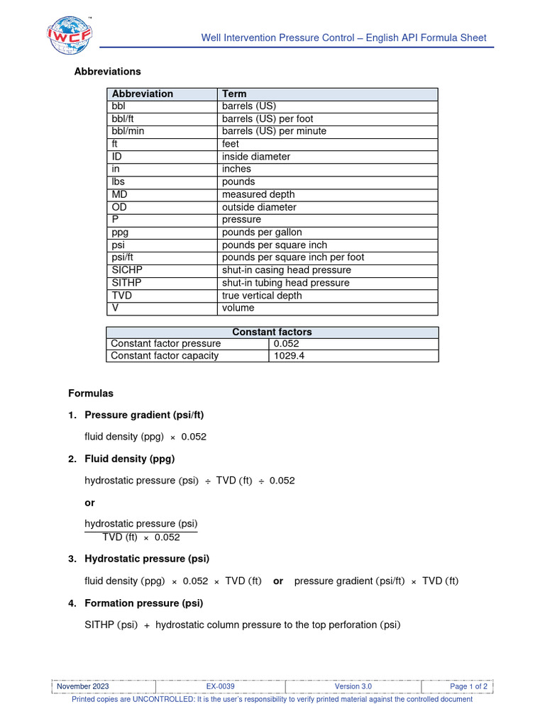 EX 0039 Well Intervention English API Formula Sheet | PDF | Pressure ...