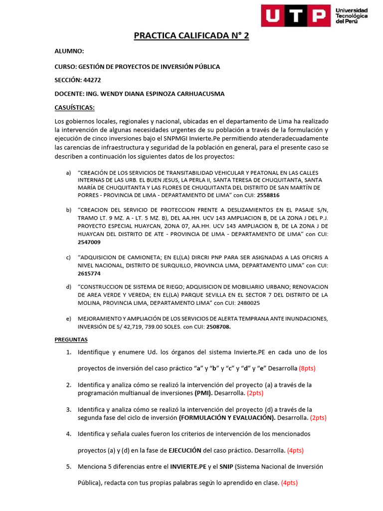 PRACTICA CALIFICADA N° 2 2024 -2 GPIPP | PDF