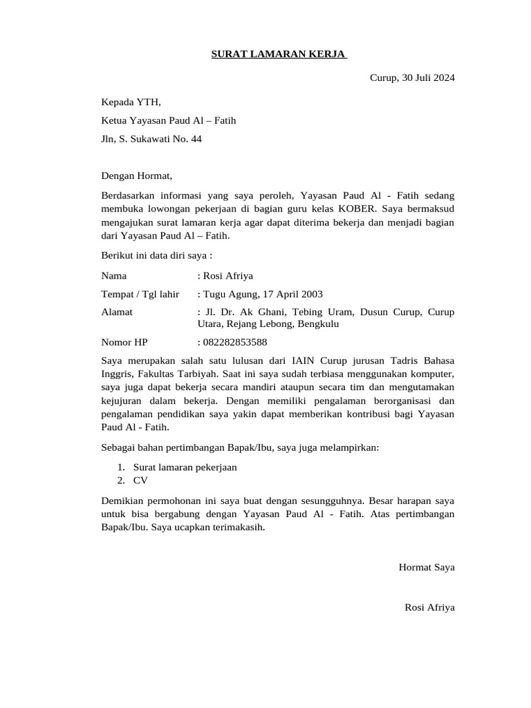 SURAT LAMARAN KERJA RIA | PDF