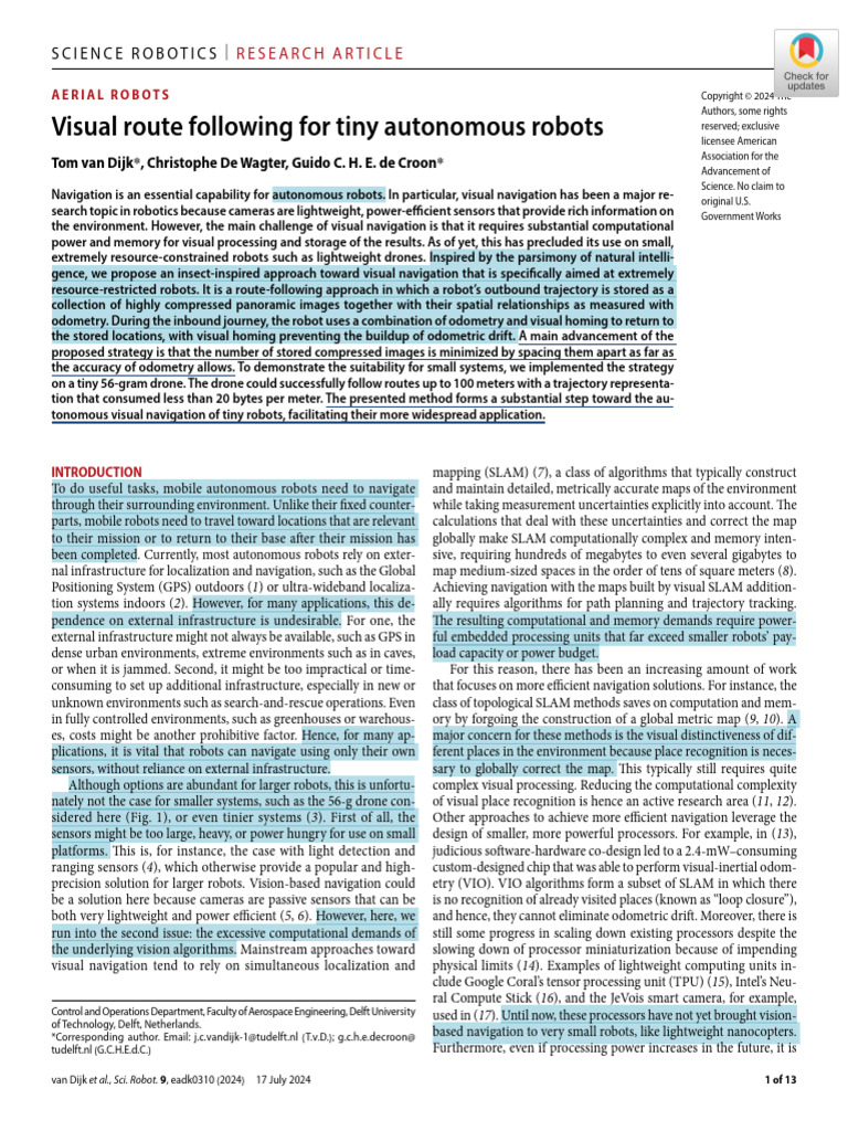 2024 - ScienceRobotics - Visual Route Following For Tiny Autonomous Robots | PDF