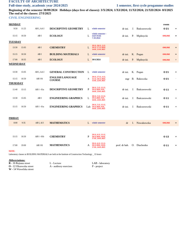 Schedule - Civil Engineering 1 Semester Winter 2024 - 2025 Ab I | PDF