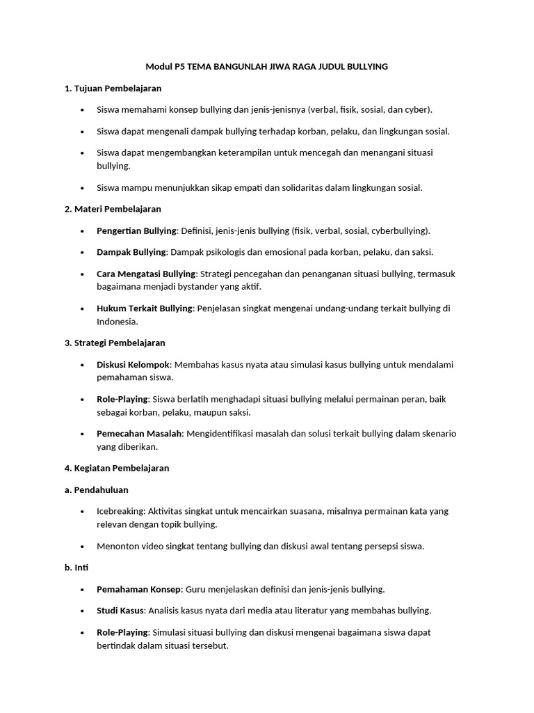 Modul P5 TEMA BANGUNLAH JIWA RAGA JUDUL BULLYING | PDF