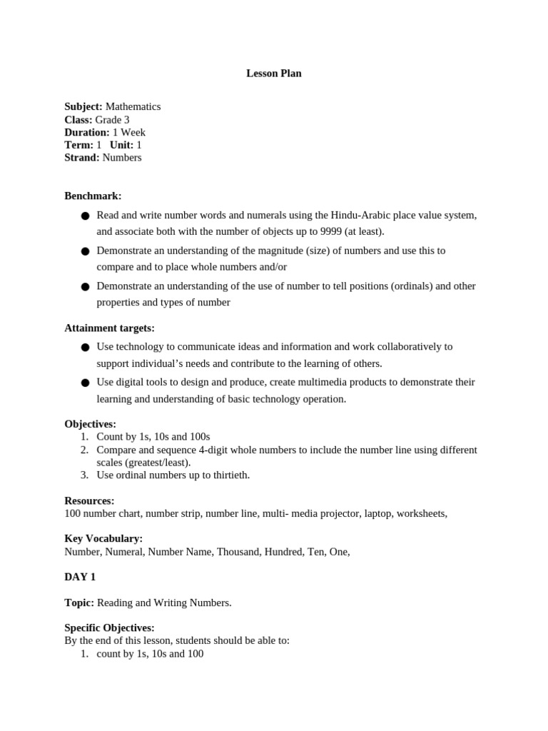 Grade 3 Mathematics Lesson Plan Week 1 | PDF