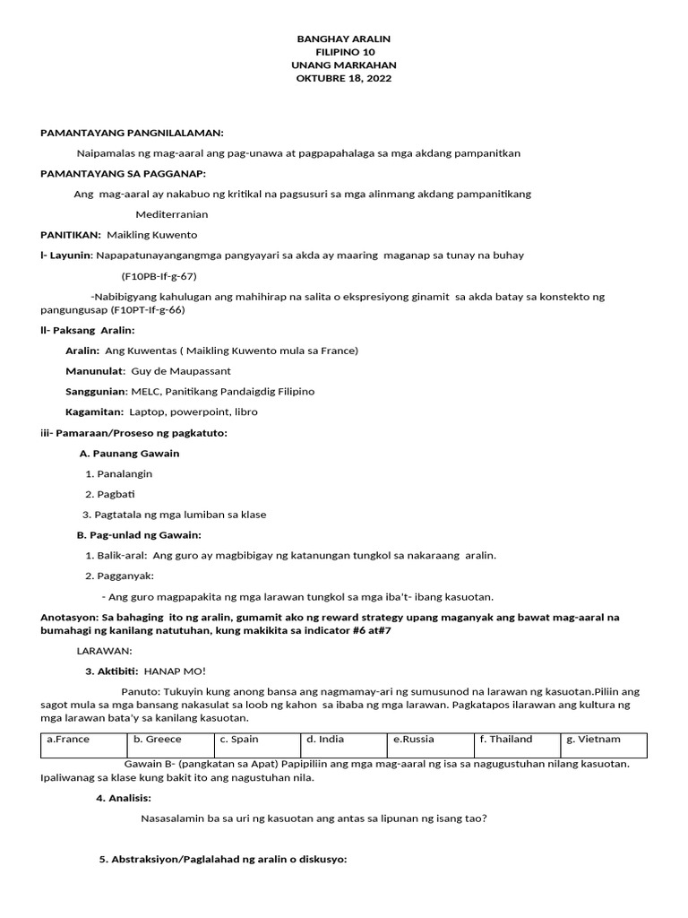 Banghay Aralin Sampu | PDF