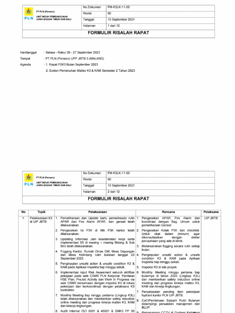 Risalah Rapat P2K3 - September 2023 | PDF