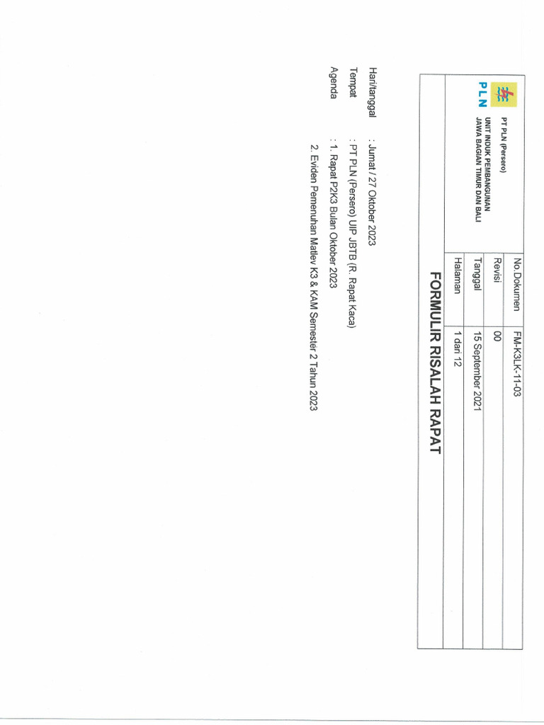 Risalah Rapat P2K3 - Oktober 2023 | PDF