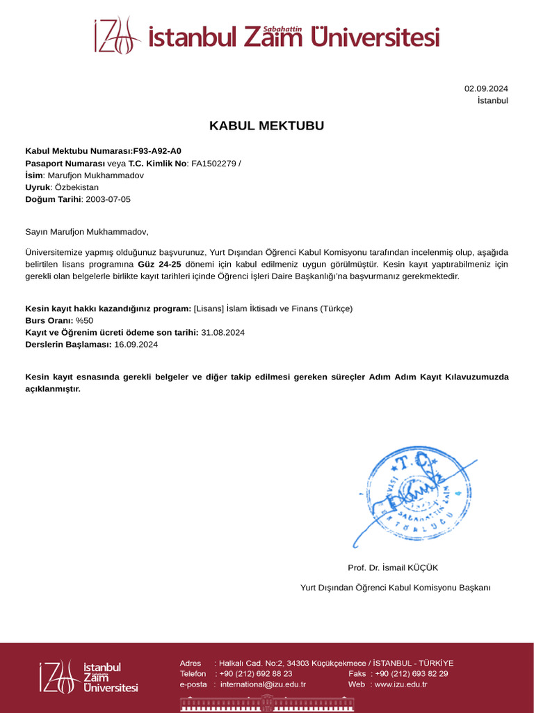 BA KABUL MEKTUBU (P) GÜZ 24-25 (Marufjon Mukhammadov) | PDF