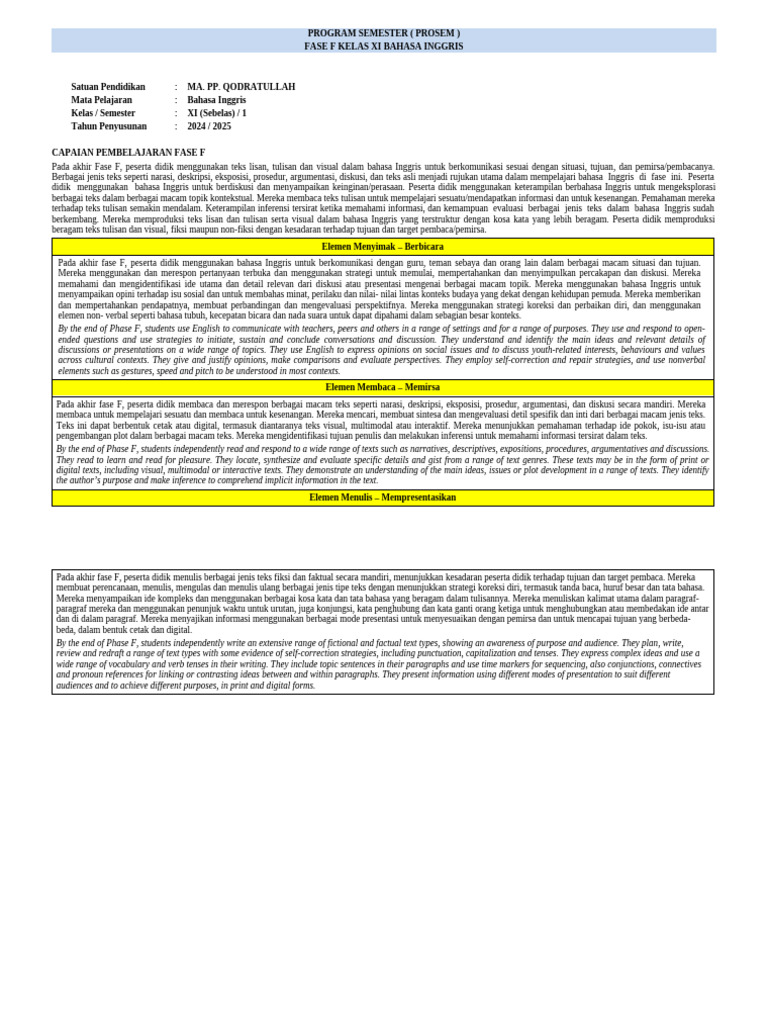 Prosem Kelas 11 SMA Bahasa Inggris Fase F - Ayul | PDF