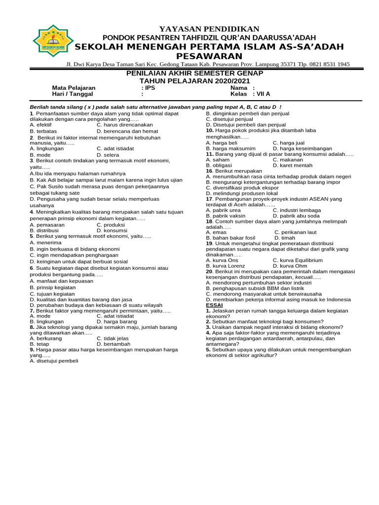 Format Soal Pas Genap SMP Assaadah Tp.2020-2021 | PDF