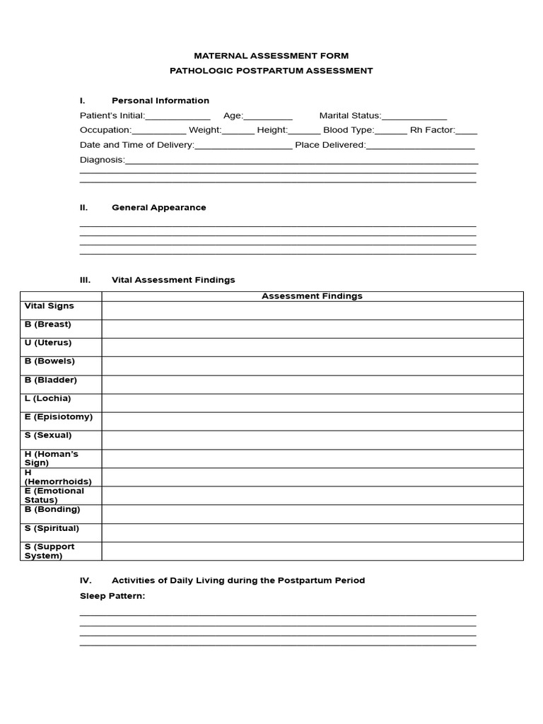 Postpartum Maternal Assessment Form | PDF | Childbirth | Maternal Health