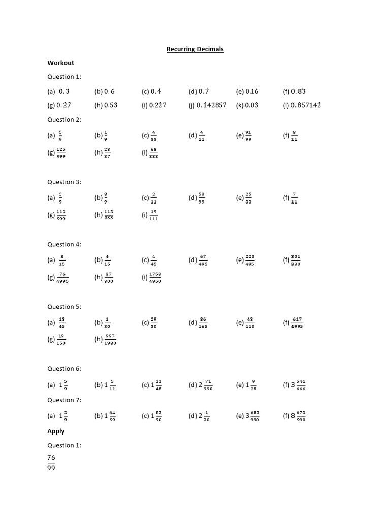 Recurring Decimals Answers | PDF