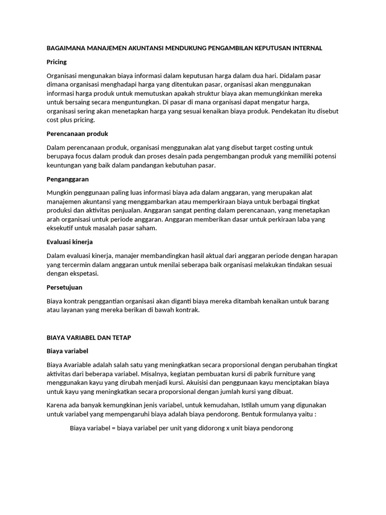Resume AMS BAGAIMANA MANAJEMEN AKUNTANSI MENDUKUNG PENGAMBILAN KEPUTUSAN INTERNAL | PDF
