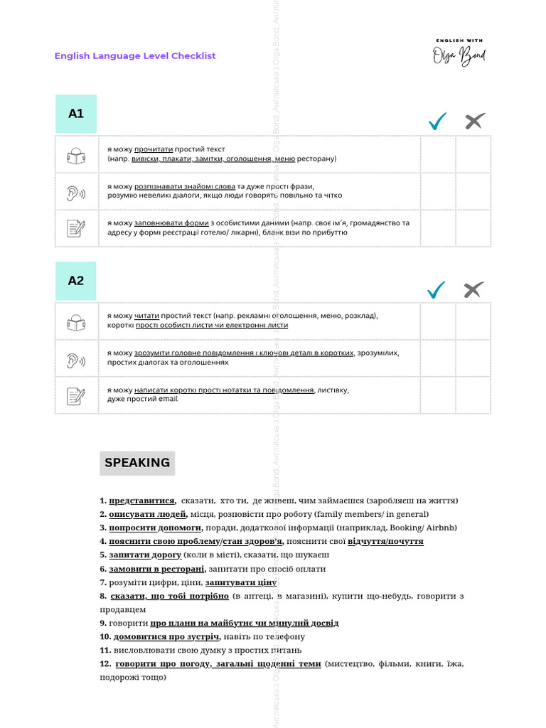 English Language Level Checklist by Olga Bond | PDF