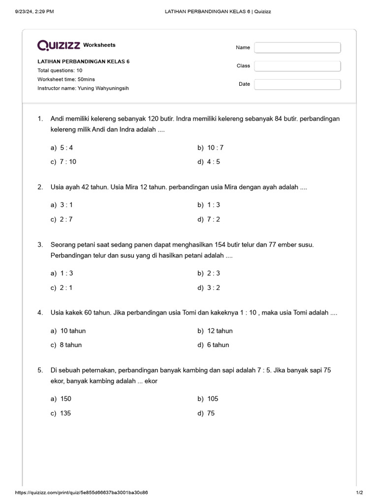 LATIHAN PERBANDINGAN KELAS 6 - Quizizz | PDF