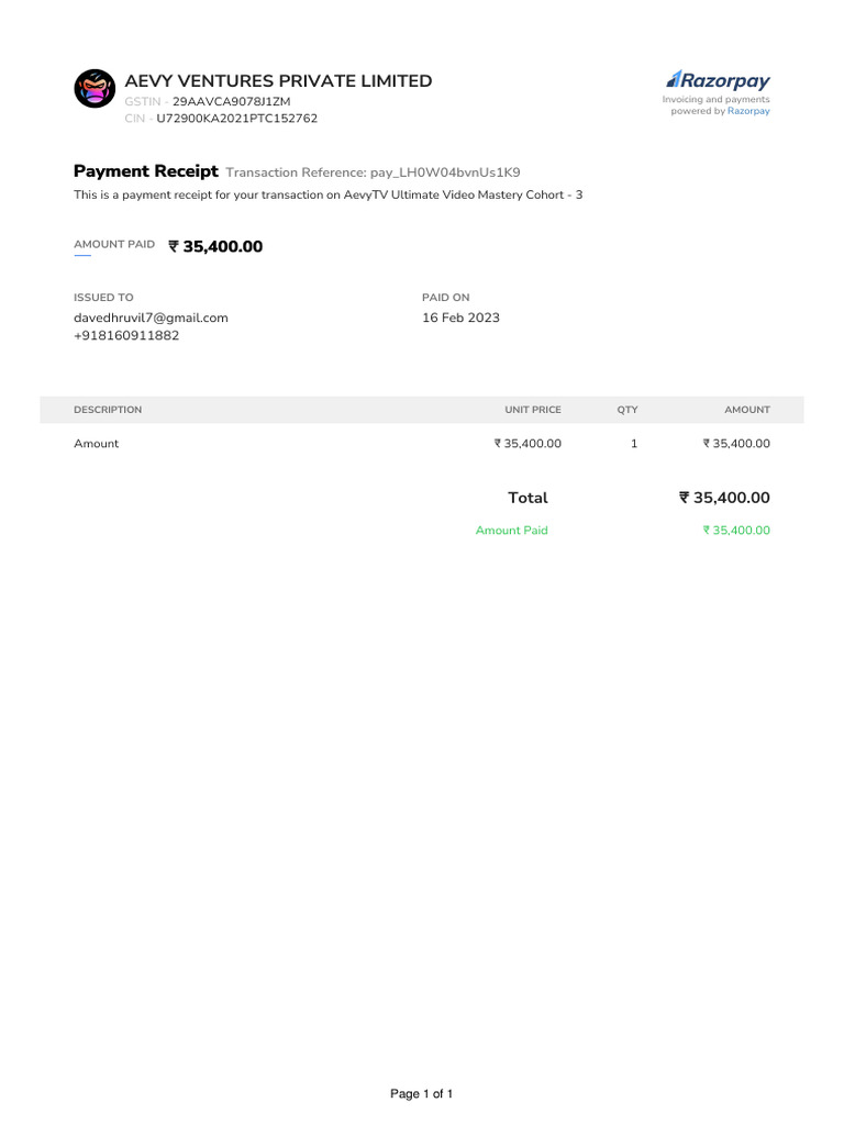Receipt Pay - Lh0w04bvnus1k9 From Aevy Ventures Private Limited (Paid ...