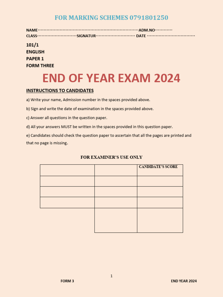 Form 3 End Year Exams 2024 Guide | PDF